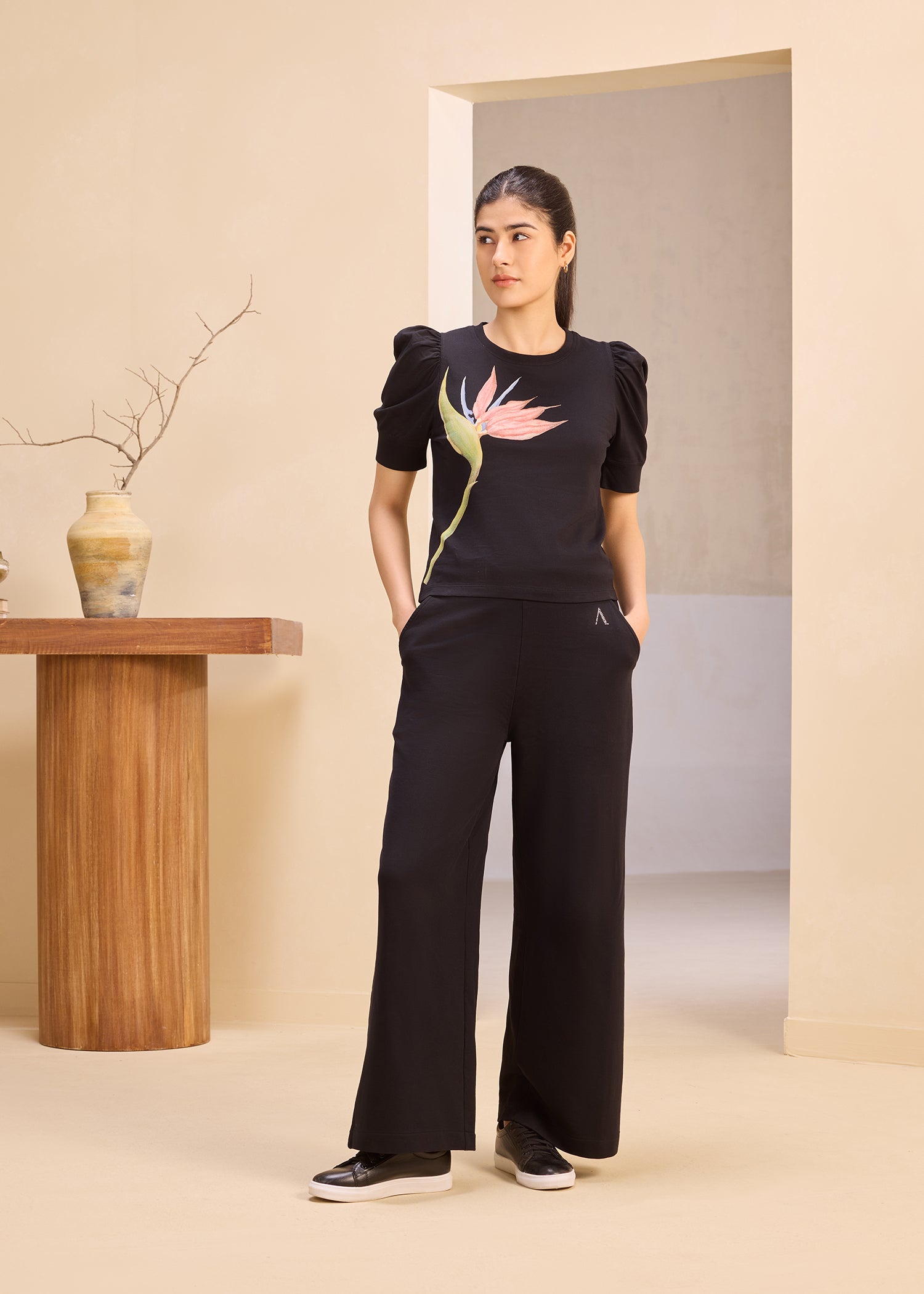 Signature Terry Wide Leg Black Pants | 100% Cotton & Comfort | ALONGE