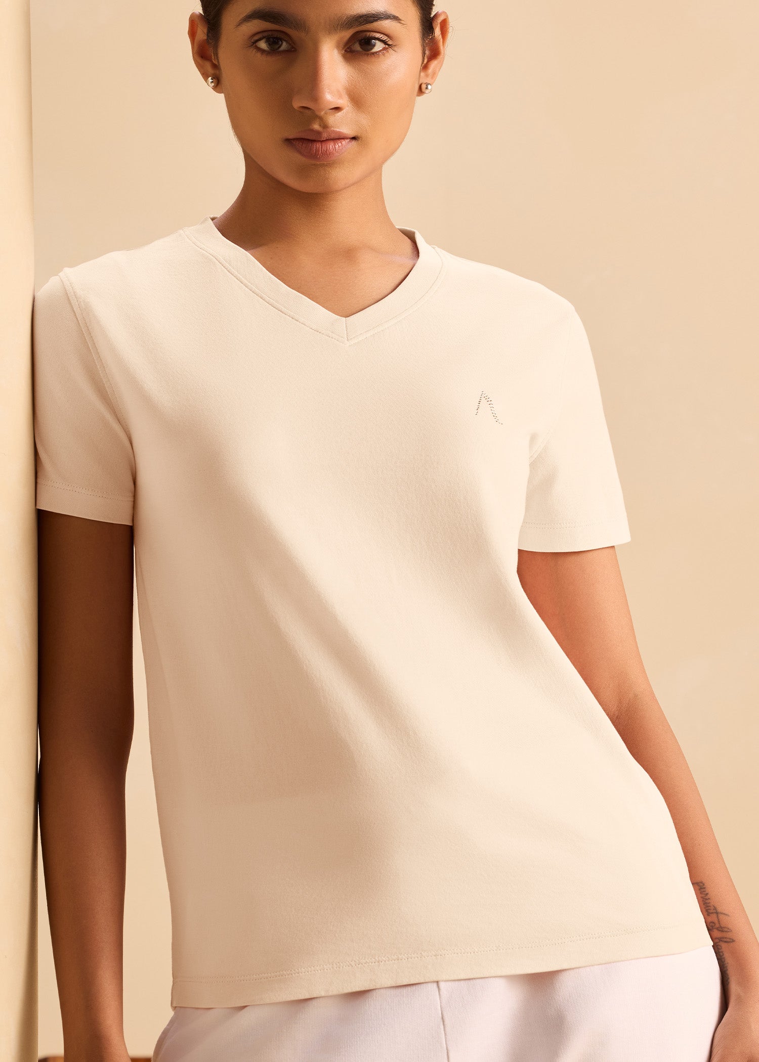 Cloud Soft Vee Neck Tee in Oatmilk | Shop Comfy & Stylish Shirts - ALONGE